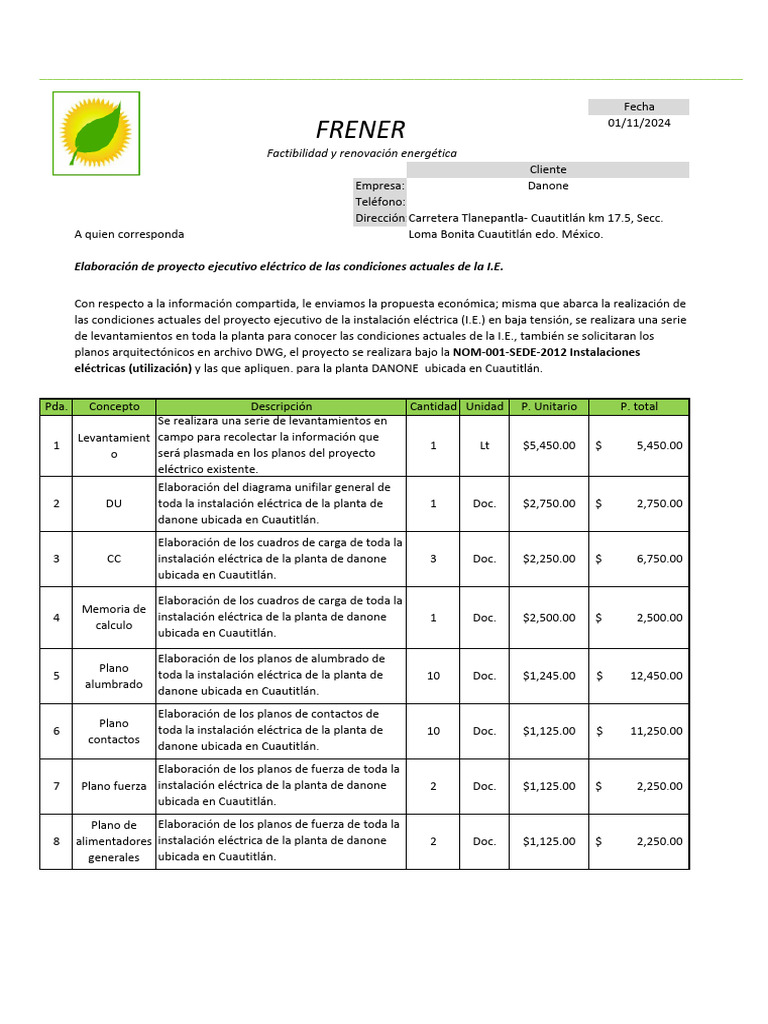 Cotización Proy. Ejec. Dannone | PDF
