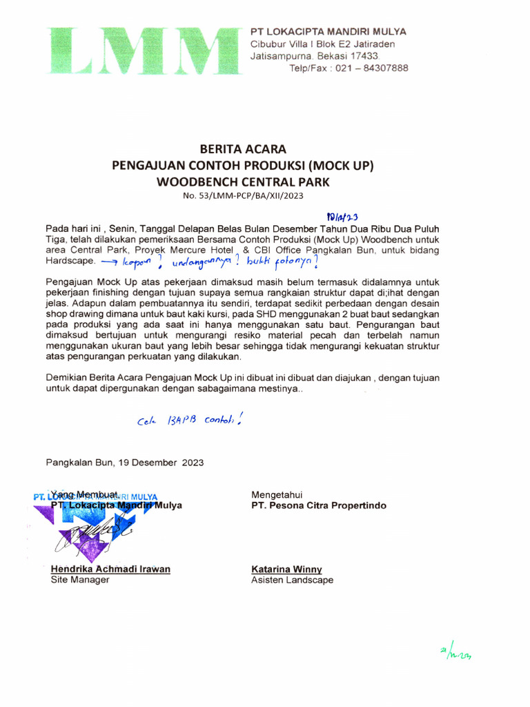 53-Pengajuan Contoh Produksi (Mock Up) Woodbench Central Park | PDF