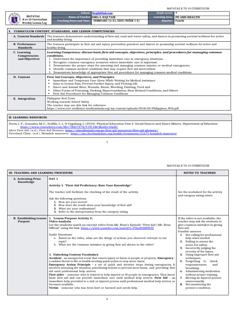 DLL Matatag - Pe&health 7 Q4 W1 | PDF | Cardiopulmonary Resuscitation | Medical Emergencies