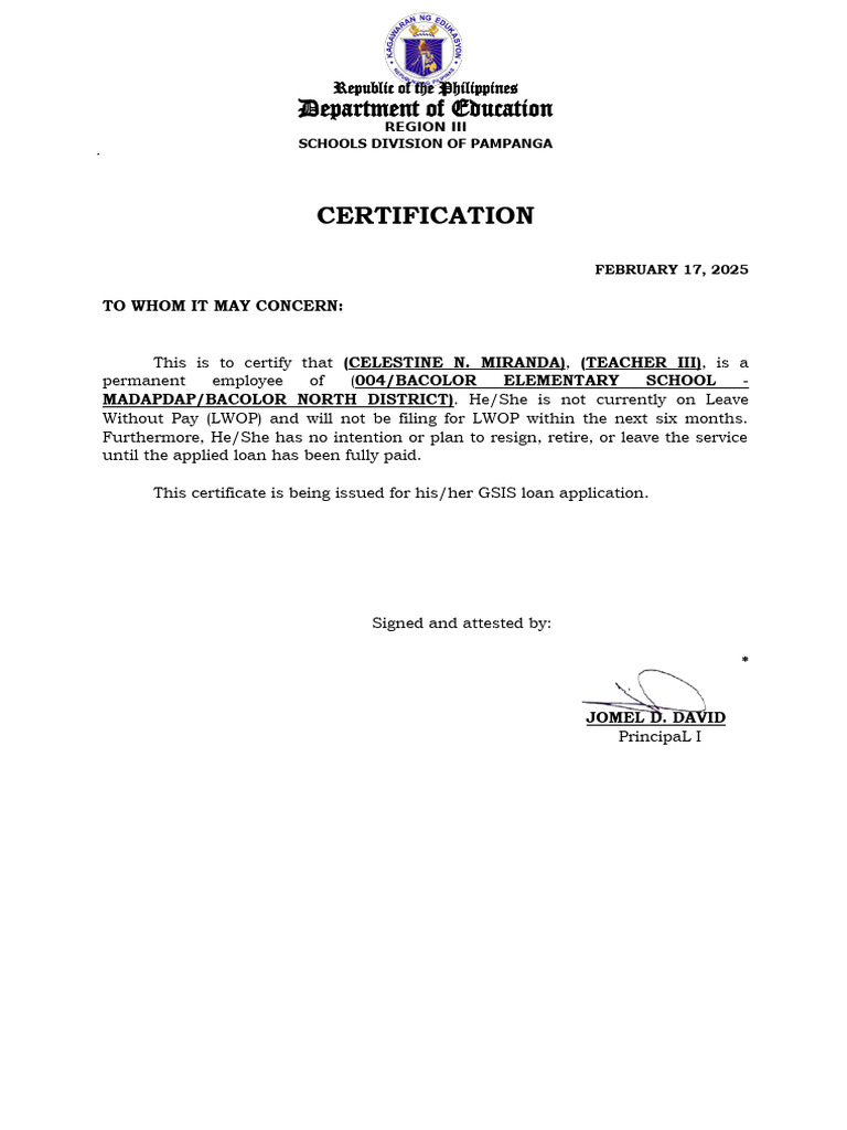 Gsis Loan Certificate Template | PDF