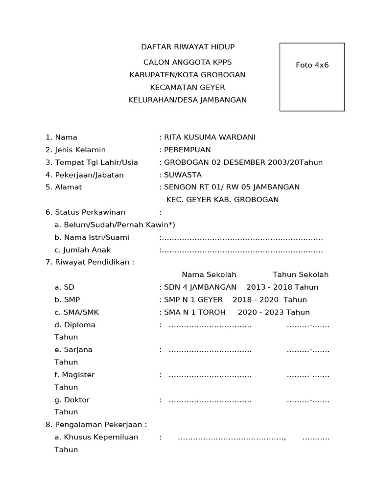 CV Rita Kusuma Wardani KPPS Grobogan | PDF