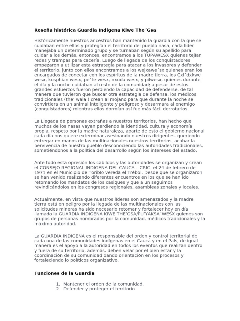 Reseña Histórica Guardia Indigena Kiwe The | PDF