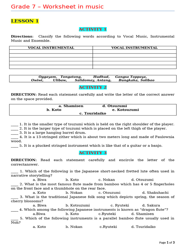 Grade 7 Music Worksheet Activities | PDF | Musical Instruments | String ...