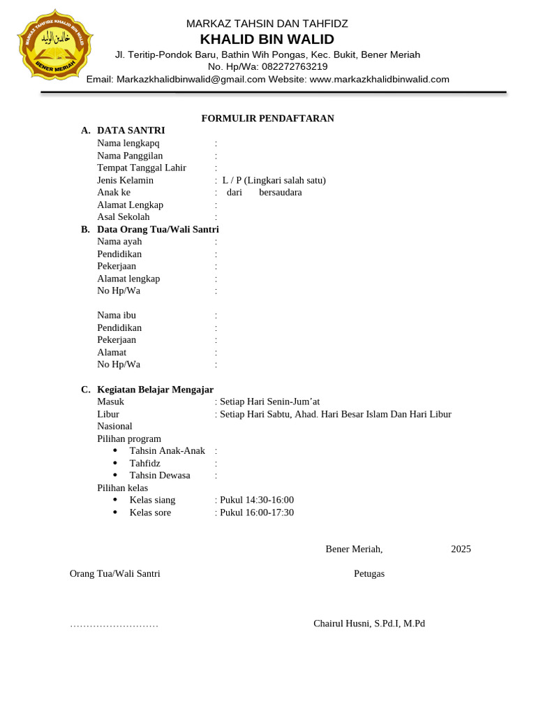 Formulir Pendaftaran Markaz Khalid Bin Walid | PDF