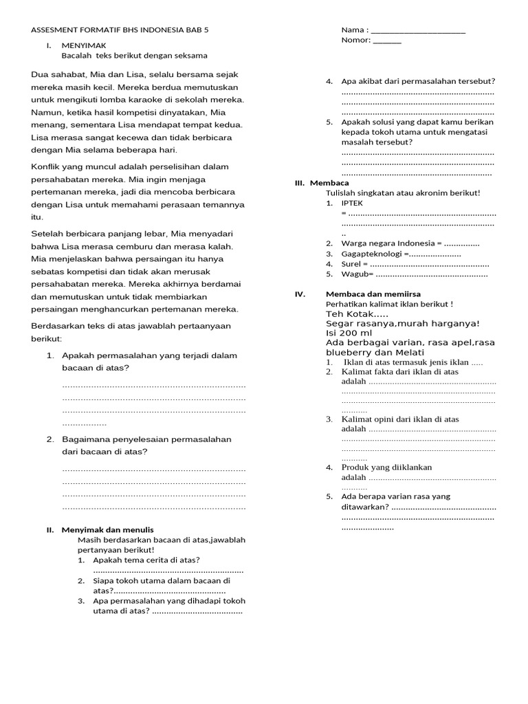 Assesment Formatif Bhs Indonesia Bab 5 Sip | PDF
