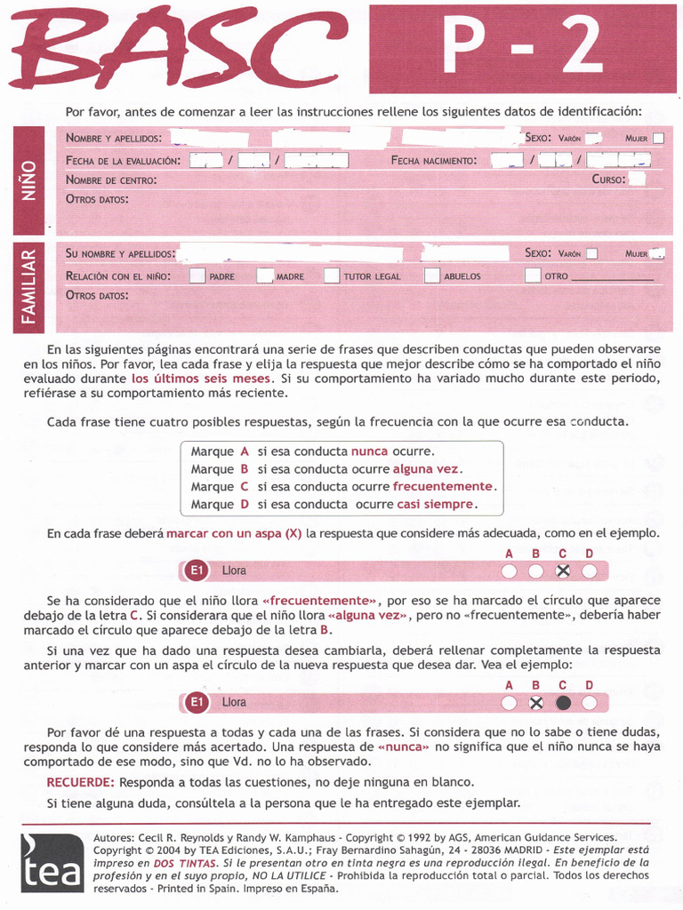 BASC-3. Cuestionario para Padres P-2. Forma Niños (6 A 11 Años) | PDF