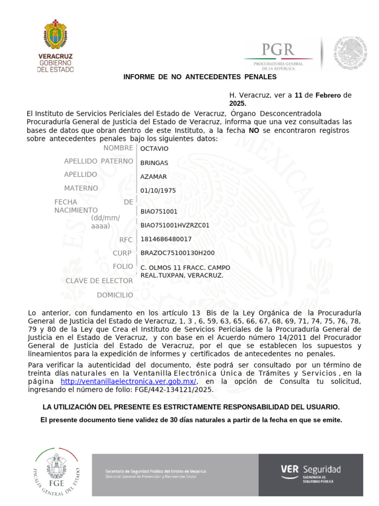 Informe de No Antecedentes Penales Veracruz | PDF