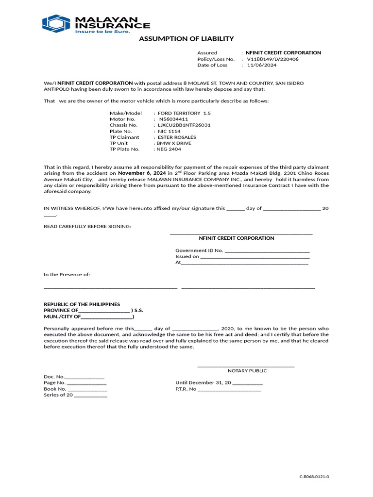Assumption of Liability Nfinit Credit Corporation | PDF | Vehicles ...