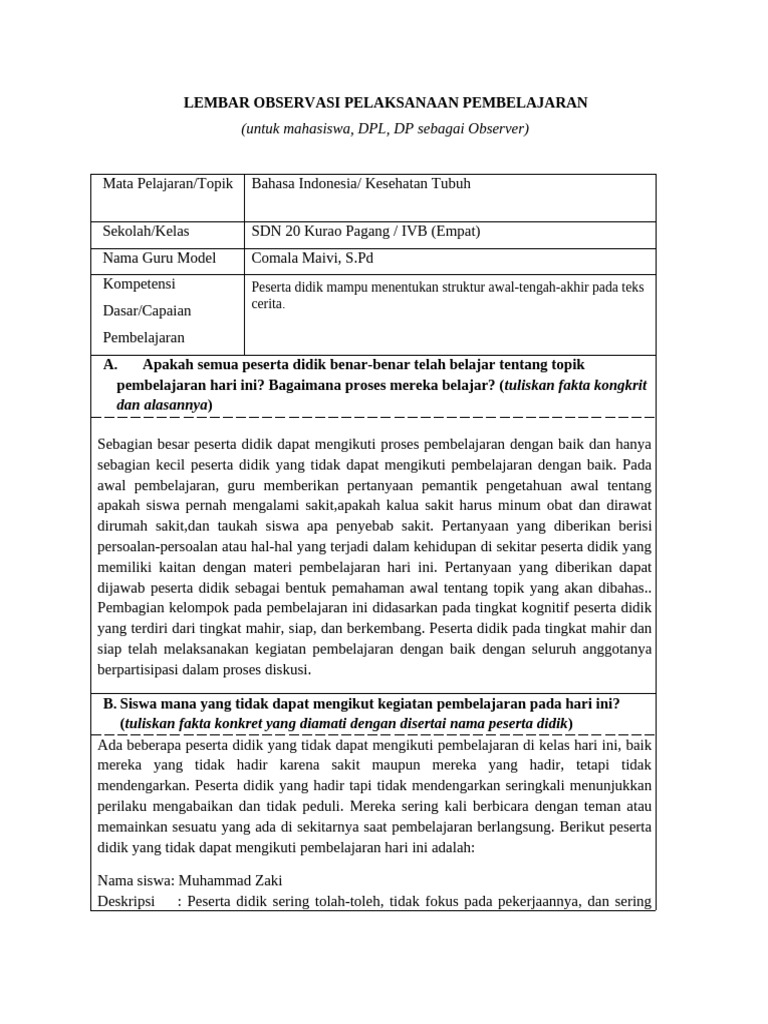 LEMBAR OBSERVASI PELAKSANAAN PEMBELAJARAN SIKLUS 1 | PDF