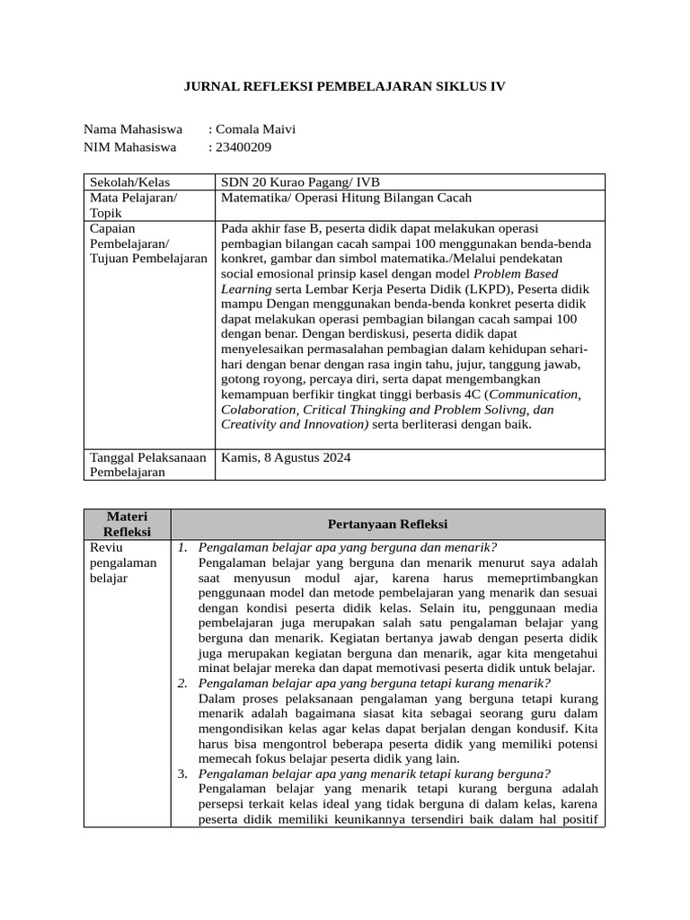 COMALA MAIVI (LK5 Jurnal Refleksi Pembelajaran Siklus IV) | PDF