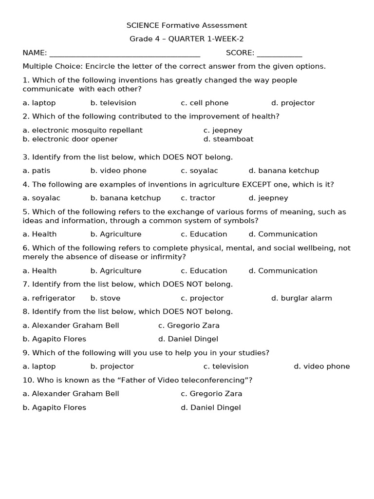 SCIENCE Formative Assessment 2 | PDF