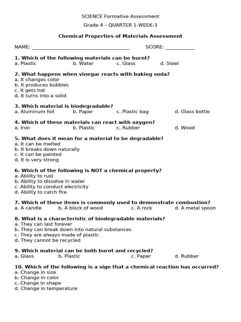 Grade 4 Science: Chemical Properties Quiz | PDF