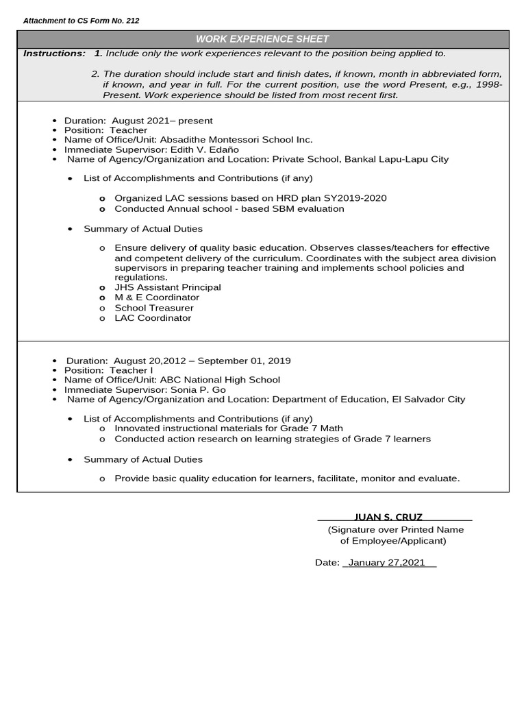CS-Form-No.-212-Attachment-Work-Experience-Sheet-Sample | PDF ...