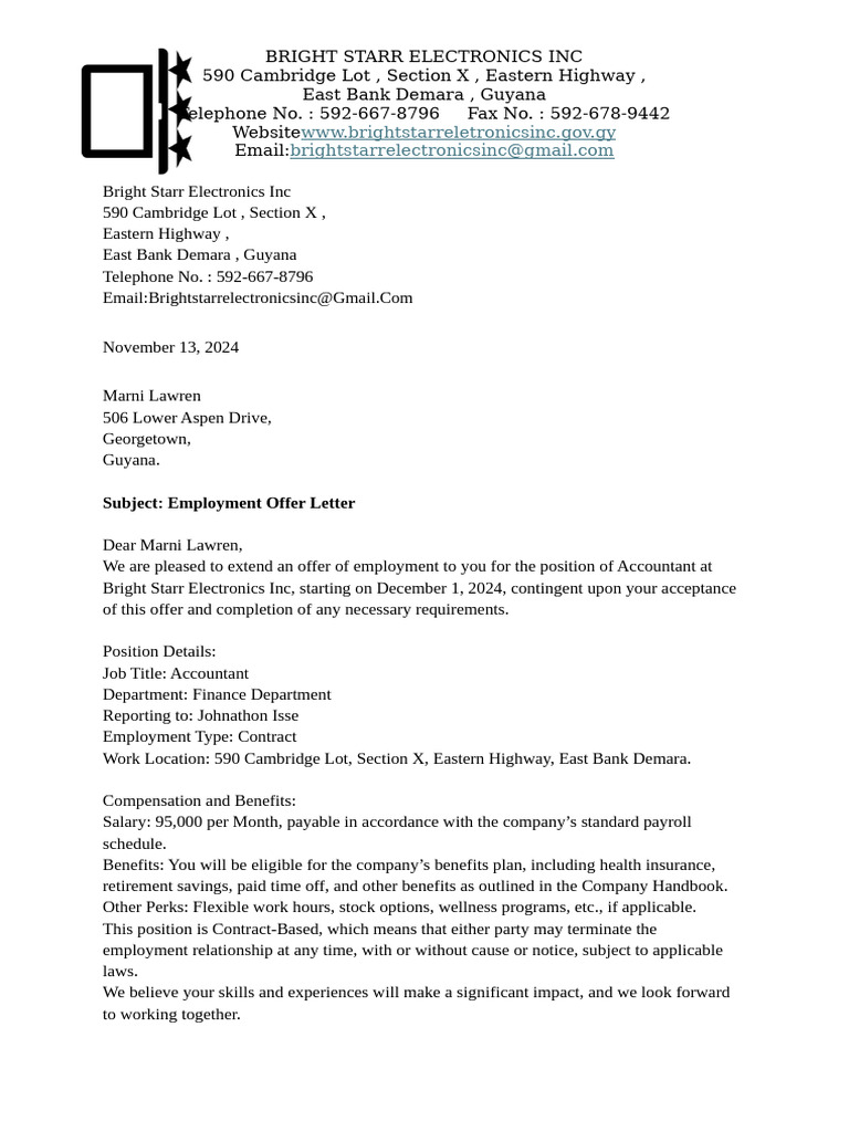 Employment Offer for Accountant Position | PDF