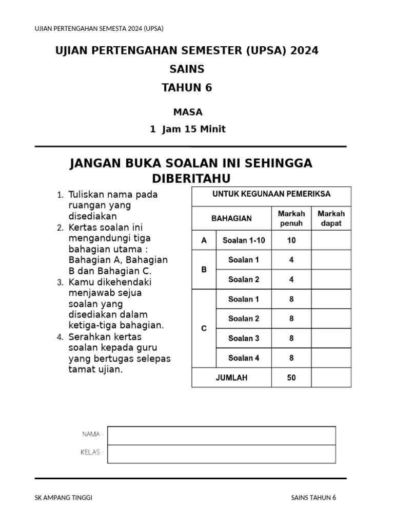 Upsa Sains Tahun 6 | PDF