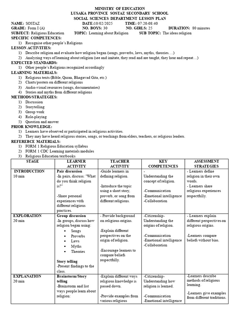 Form I Religious Education Lesson Plan | PDF | Learning | Lesson Plan