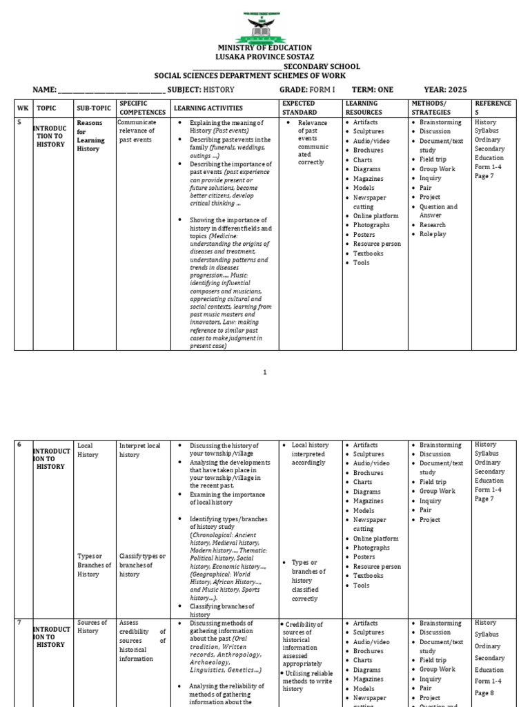 Form 1 History Scheme of Work 2025 | PDF | Anno Domini | Common Era