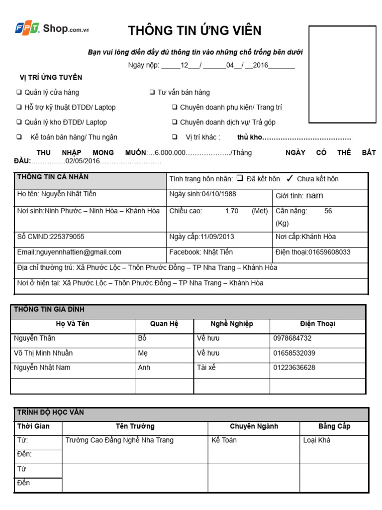 Bieumau_Thong Tin Ung Vien v1.1.Doc | PDF