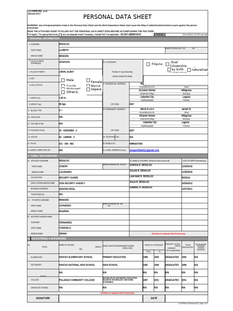 Cs Form No. 212 Revised Personal Data Sheet - New Finale | PDF | Government
