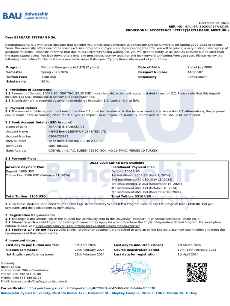 2023-2024_2_Conditional_Acceptance_BERNARD STEPHAN_NGA | PDF | Tuition Payments