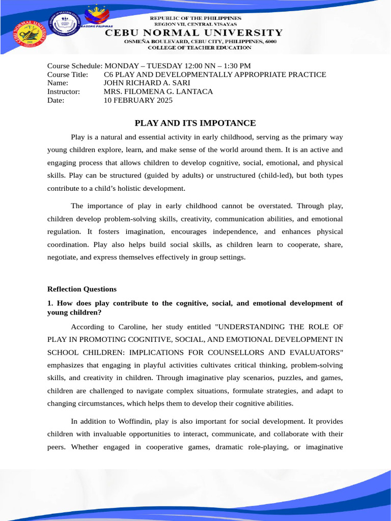 Task 1 Journal c6 Play and Dap-Sari, John Richard | PDF | Behavioural Sciences | Psychology