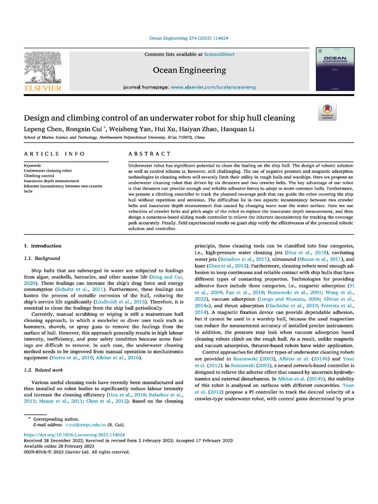 Design and Climbing Control of An Underwater Robot For Ship Hull ...