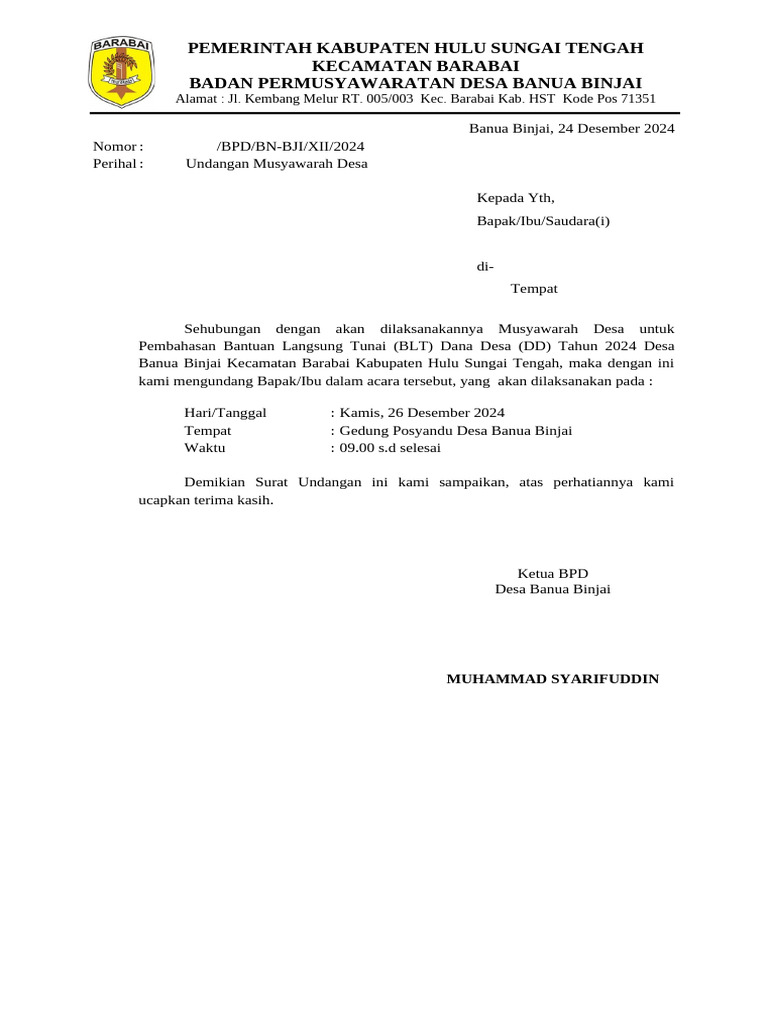 UNDANGAN MUSDES TENTANG BLT 2024 | PDF