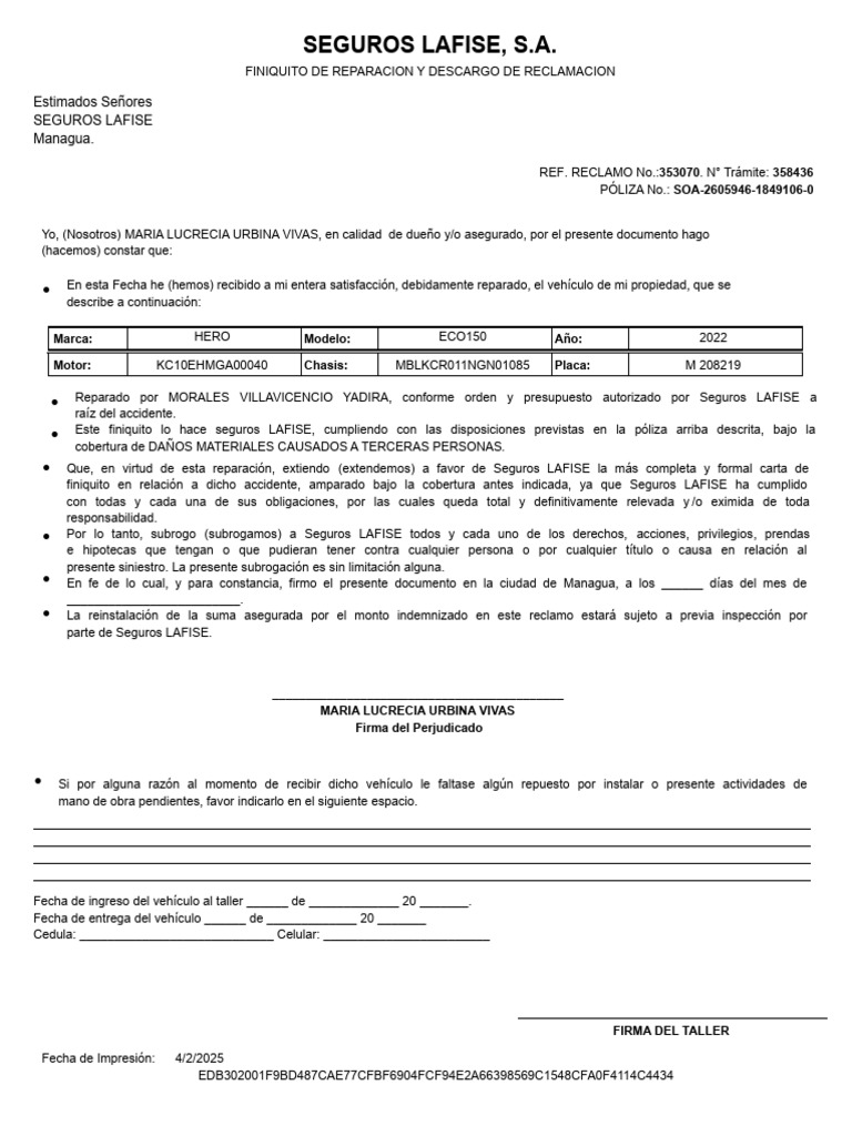 Finiquito de Reparación Orden #345022 | PDF | Póliza de seguros