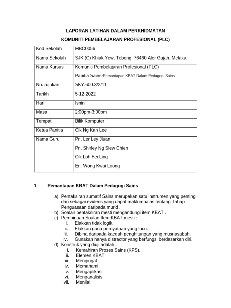 Laporan LDP (PLC) SAINS KBAT 2022 | PDF