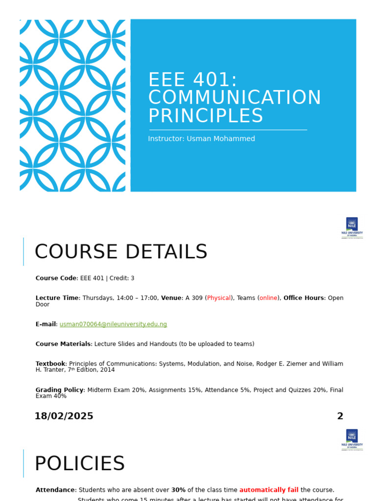 EEE 401 Lecture I - Introduction and Course Overview | PDF | Modulation | Communication