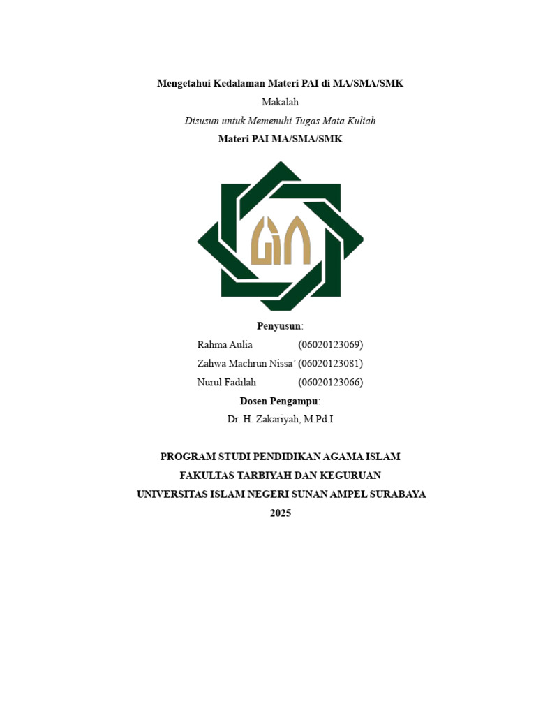 MAKALAH KEL 1 - Mengetahui Kedalaman Materi PAI Di MA, SMA, SMK FIX | PDF