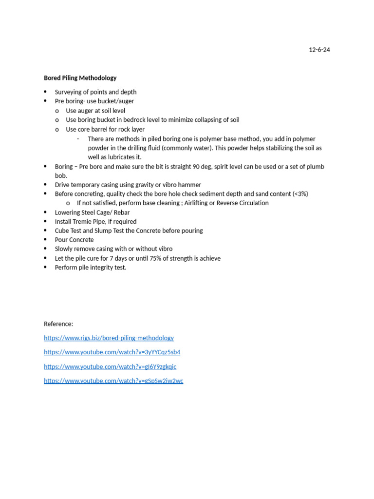 Bored Piling Method Overview | PDF