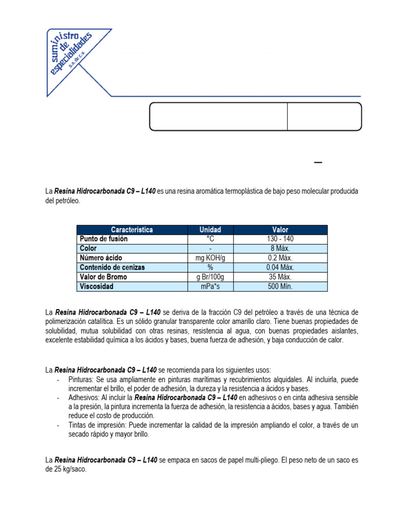 Resina Hidrocarbonada C9 L140 | PDF | Hidrocarburos | Materiales