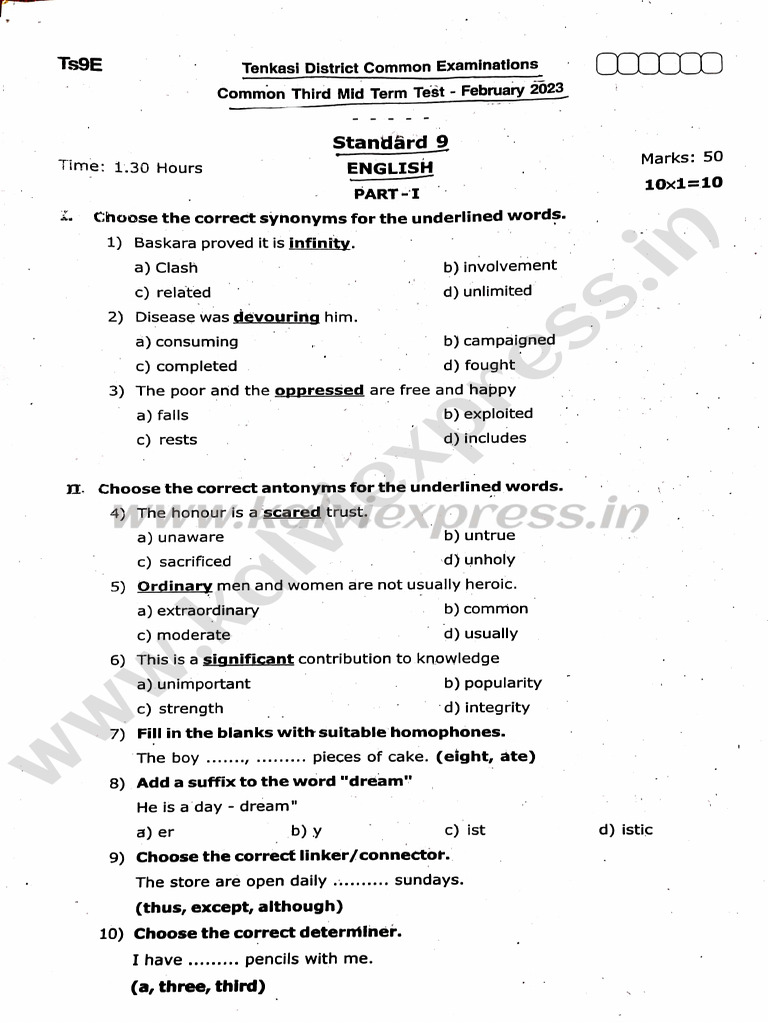 9Th English 3rd midterm question paper Thenkasi District | PDF