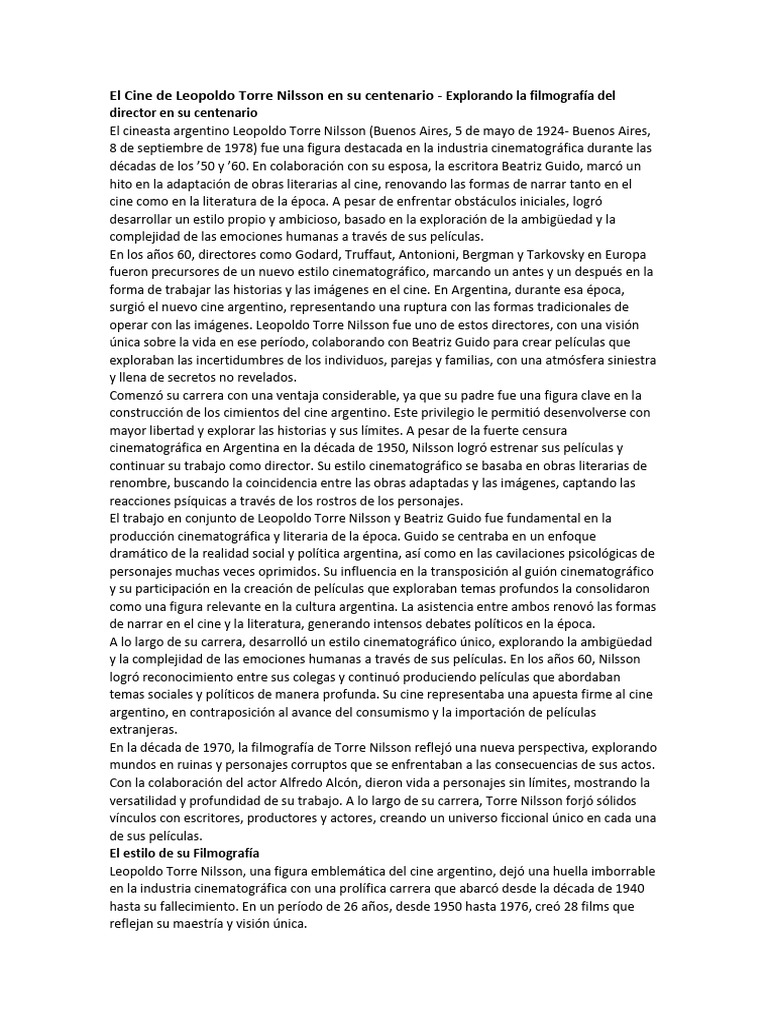 Cine argentino: Leopoldo Torre Nilsson | PDF