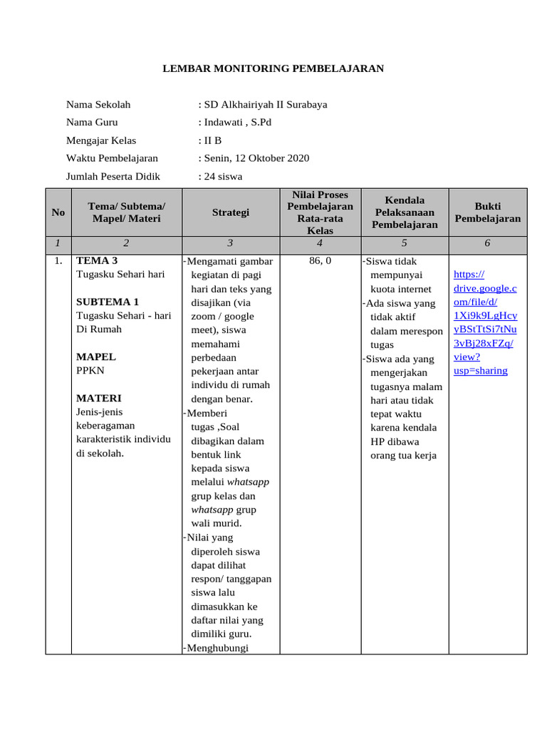 Lembar Monitoring Pembelajaran 1 | PDF