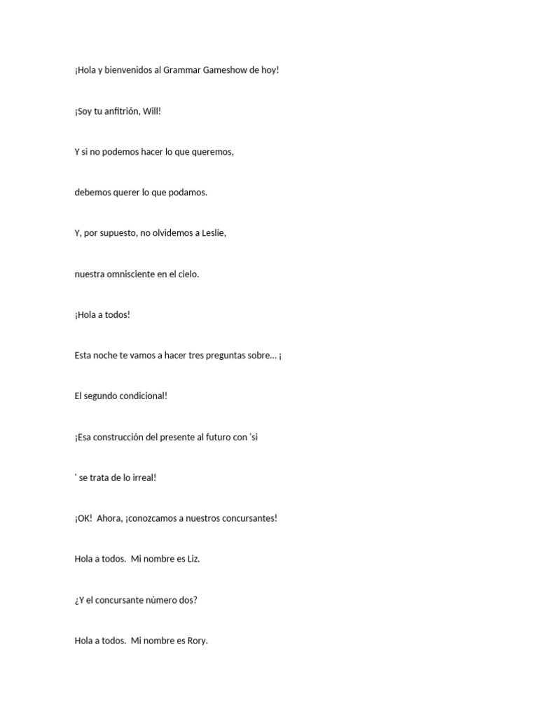 Hola y Bienvenidos Al Grammar Gameshow de Hoy | PDF
