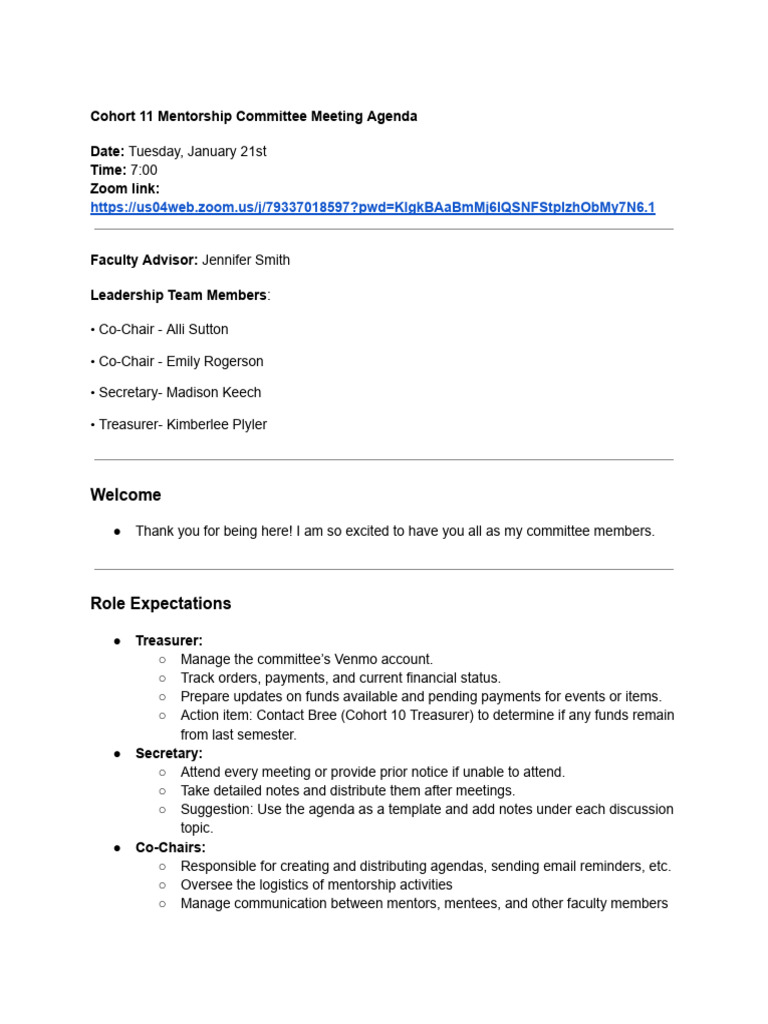 Cohort 11 Mentorship Committee Meeting Agenda | PDF | Mentorship