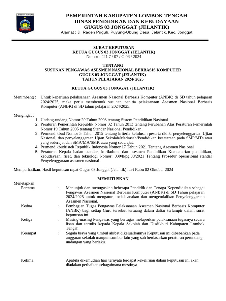 SK PENGAWAS ANBK GUGUS 03 JONGGAT(1) | PDF