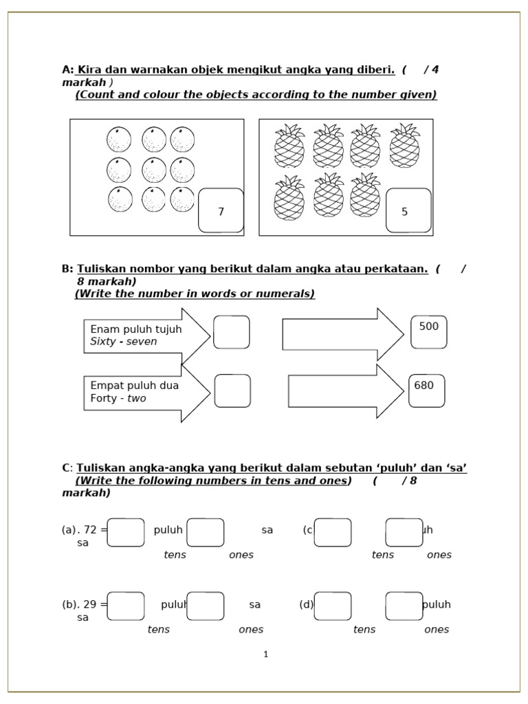 Latihan Intervensi Matematik Tahun 1 | PDF