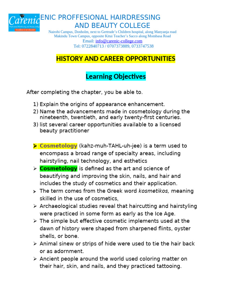 Cosmetology History & Career Paths Guide | PDF | Hairdresser | Human ...