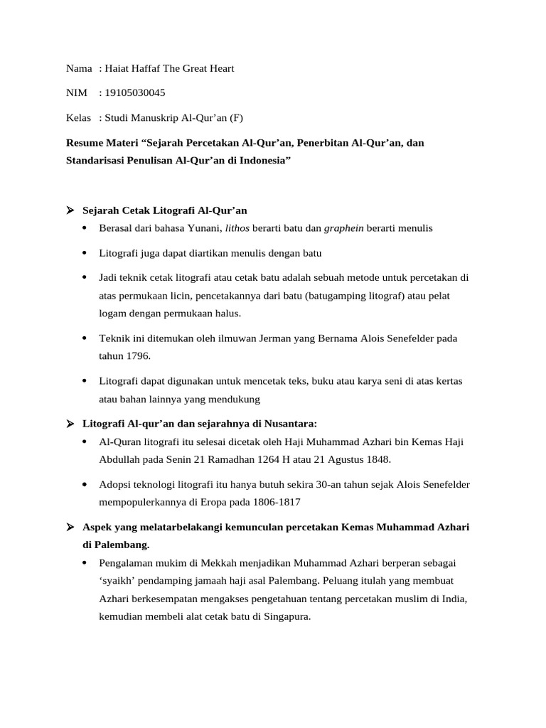 Resume Materi "Sejarah Percetakan Al-Qur'an, Penerbitan Al-Qur'an, Dan ...