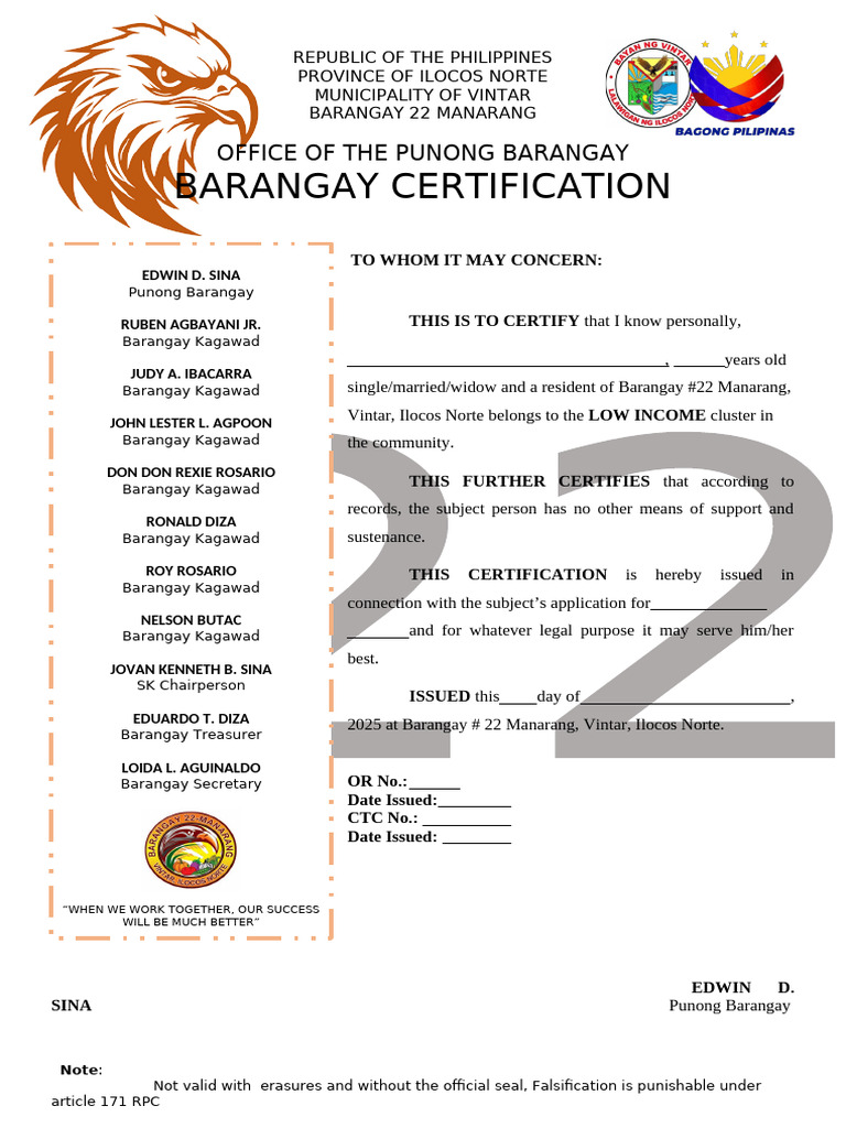 Barangay Certification of Low Income | PDF