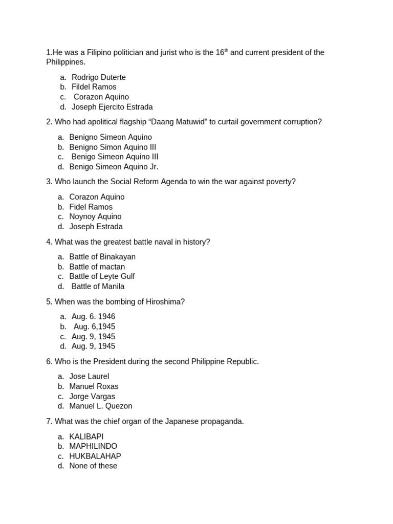 Philippine History Quiz Questions | PDF | Philippines | President Of ...