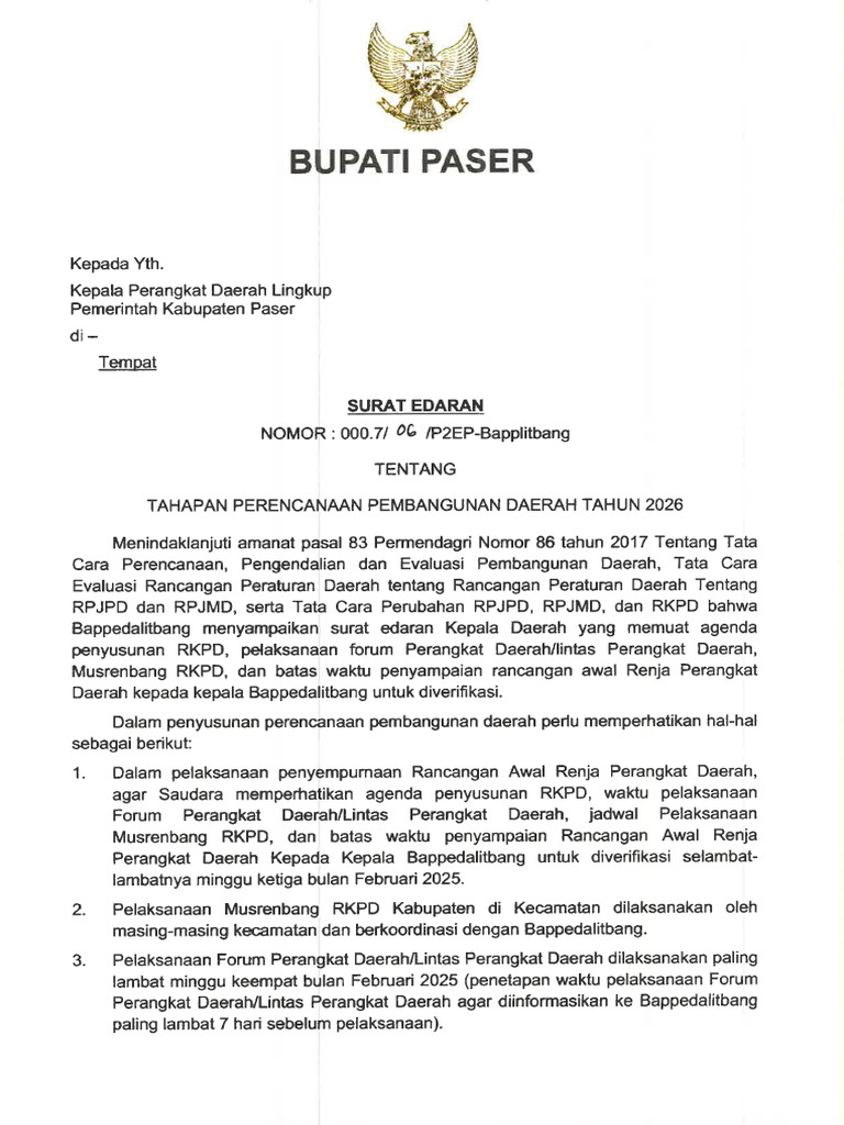 Surat Edaran - Tahapan Perencanaan Pembangunan Daerah Tahun 2026 | PDF