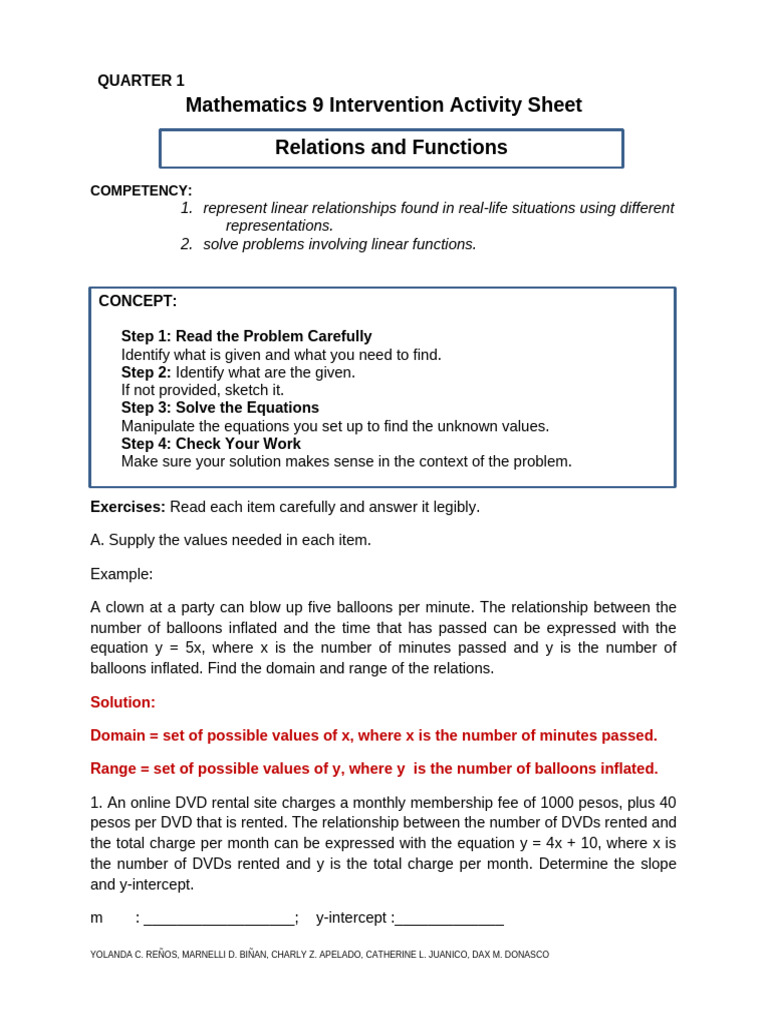 Mathematics Intervention Activity Sheet - Q1 - 10 | PDF | Equations ...