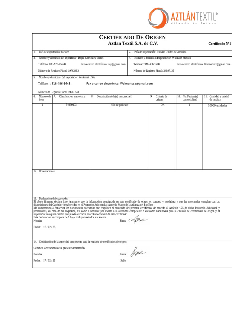 Certificado de Origen México-EE.UU. | PDF