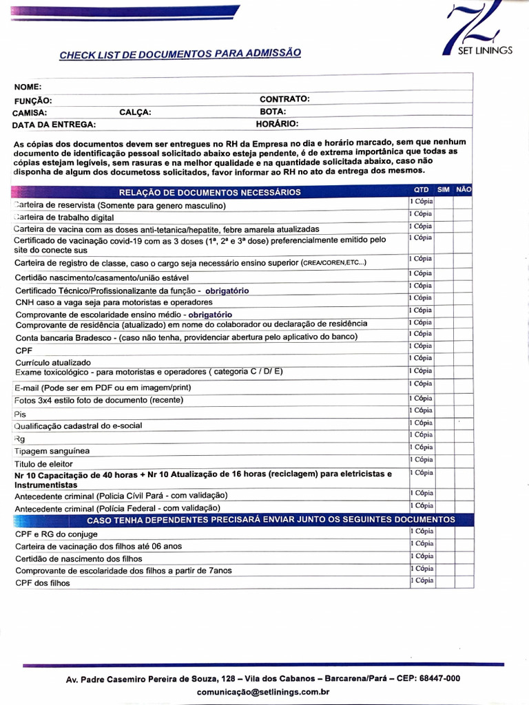 Check List de Documentos para Admissão - 7L | PDF | Brasil