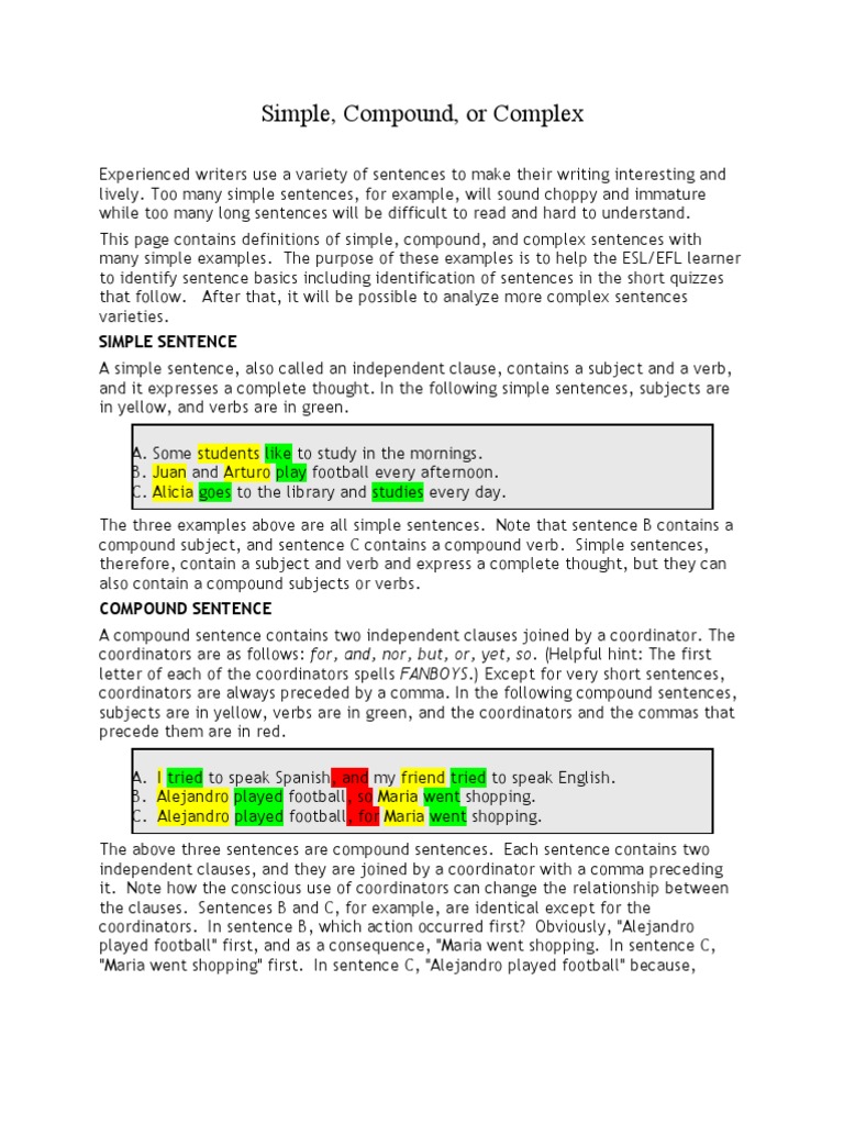 Simple Complex | PDF | Sentence (Linguistics) | Subject (Grammar)