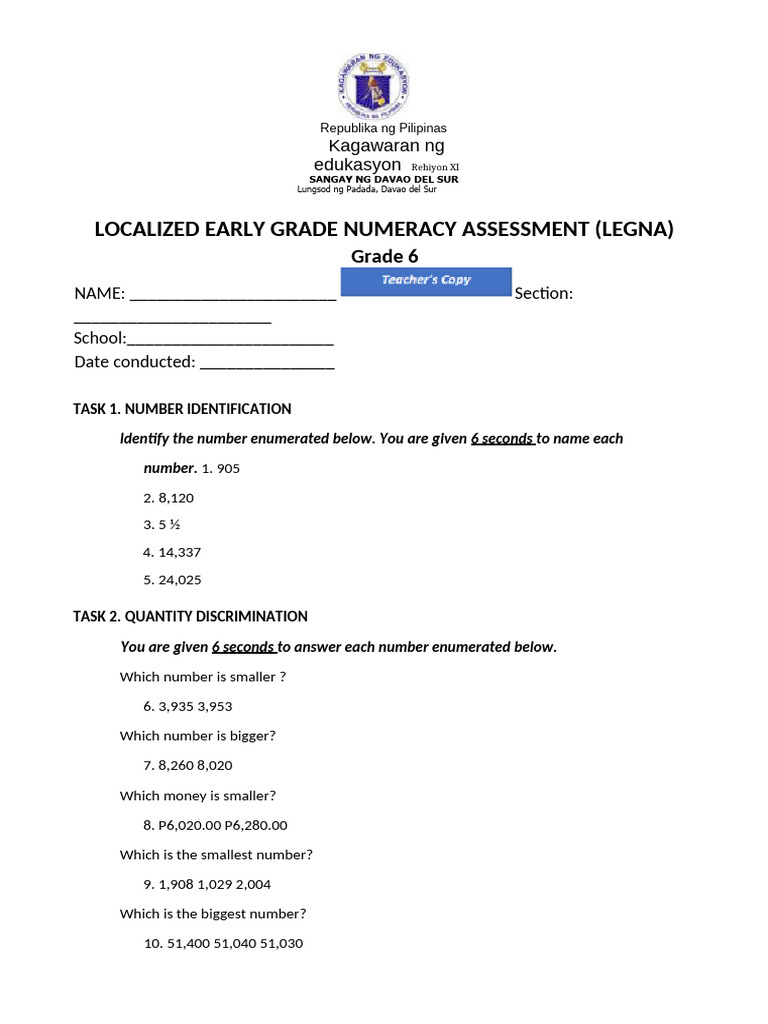 Grade 6 Numeracy Assessment Guide | PDF | Mathematics | Arithmetic